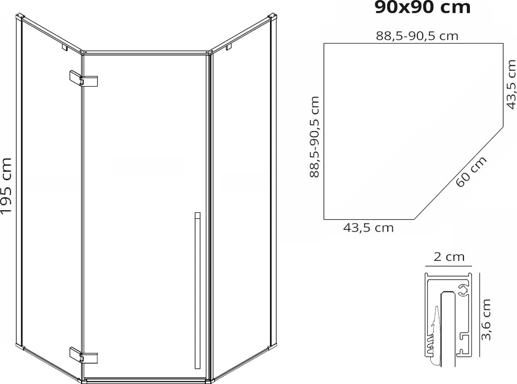 Rea Diamond, 5-úhelníkový sprchový kout 90x90, 6mm čiré sklo, zlatý matný profil + bílá sprchová vanička, KPL-K6506