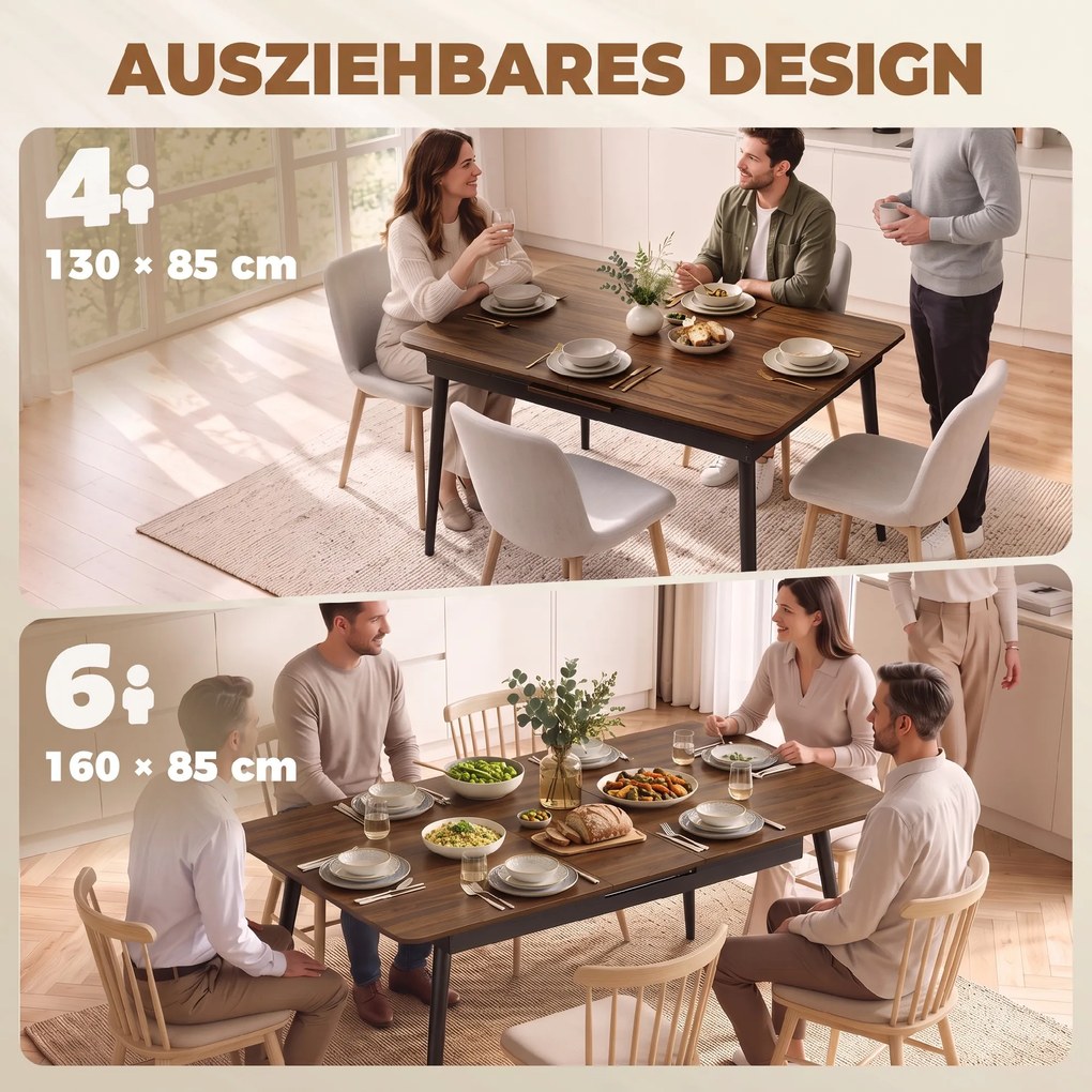 HOMCOM Rozkládací jídelní stůl 130-160 cm, kuchyňský stůl s zaoblenými rohy, světlý ořech