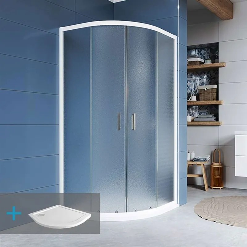 Mereo, Kora sprchový set: sprchový kout R550, bílý ALU, sklo Grape, 90 cm, vanička, sifon CK35101ZN