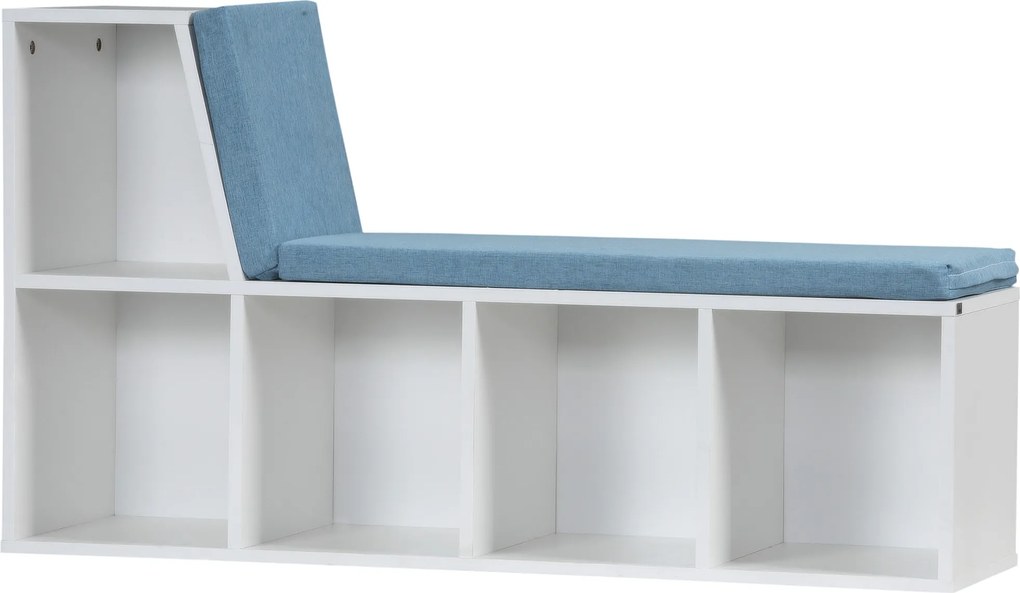 HOMCOM knihovní lavice 2 v 1 s 5 úložnými přihrádkami a 2 polštáři 108 x 30 x 60 cm bílá modrá