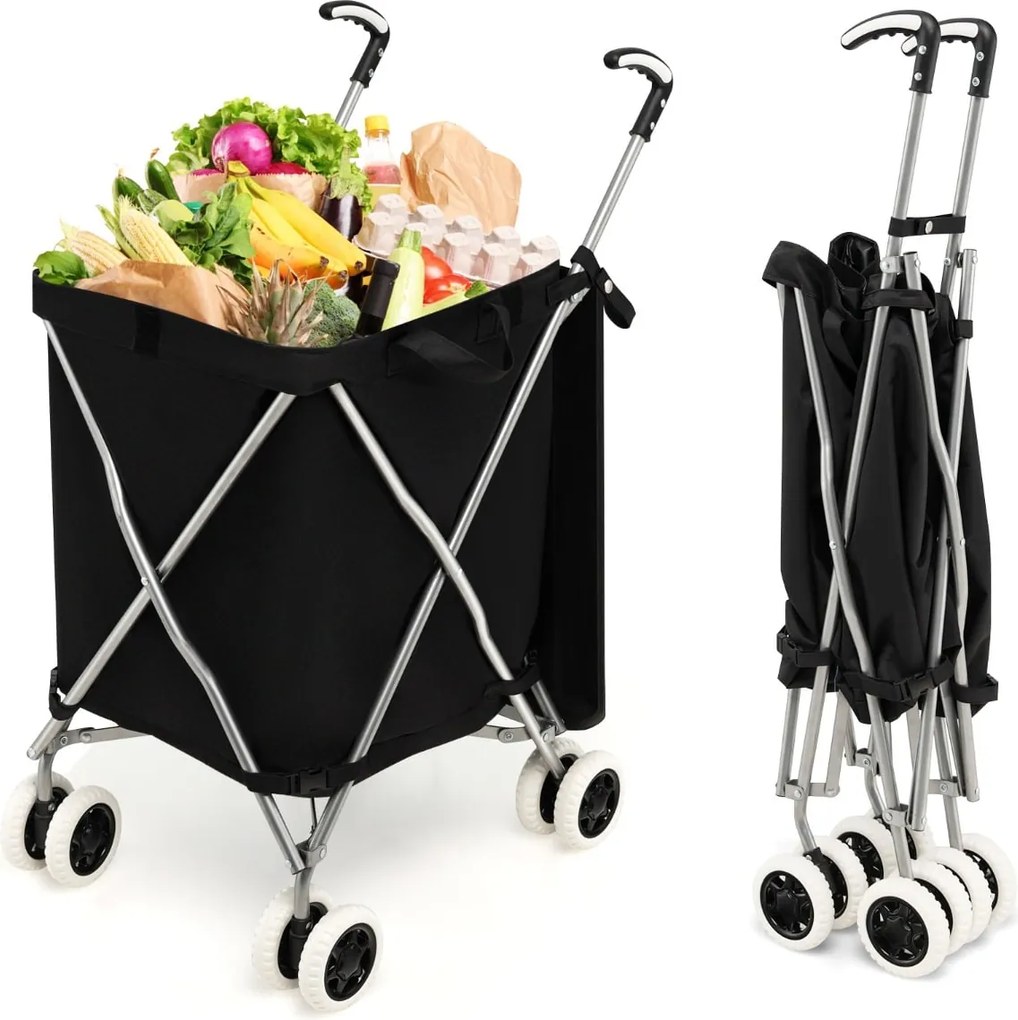 Costway Nákupní košík Skládací nákupní vozík s kolečky – 66 × 46 × 94,5 – černý