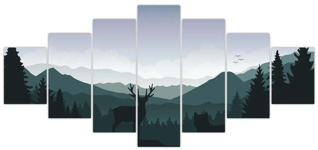Obraz - Jelen s vlkem ve skalách (210x100 cm)