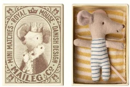 Maileg Myší miminko v krabičce Baby mouse, modrá barva, textil