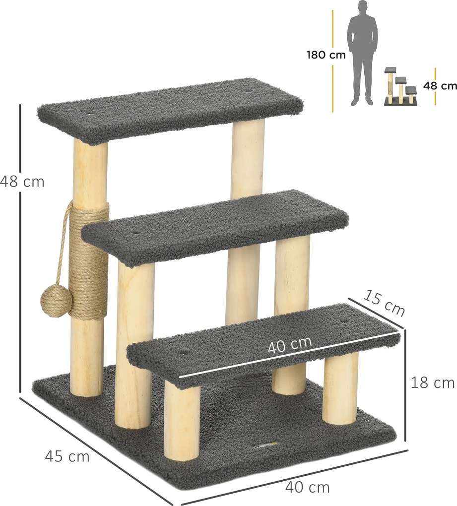 PawHut Kočičí Schody 3-Stupňové, 48 cm Pet Schody s Sisalovým Sloupem, Psí Schody s Hračkou, Pomůcka pro Vstup na Vyšší Postele, Borovicové Dřevo, Še…