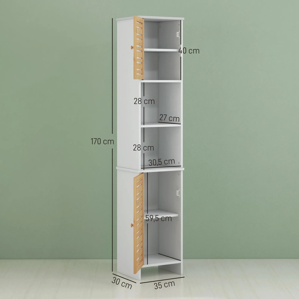 HOMCOM Moderní sloupková koupelnová skříň s nastavitelnými policemi a bezpečnostními bambusovými dveřmi 35x30x170 cm Bílá a přírodní