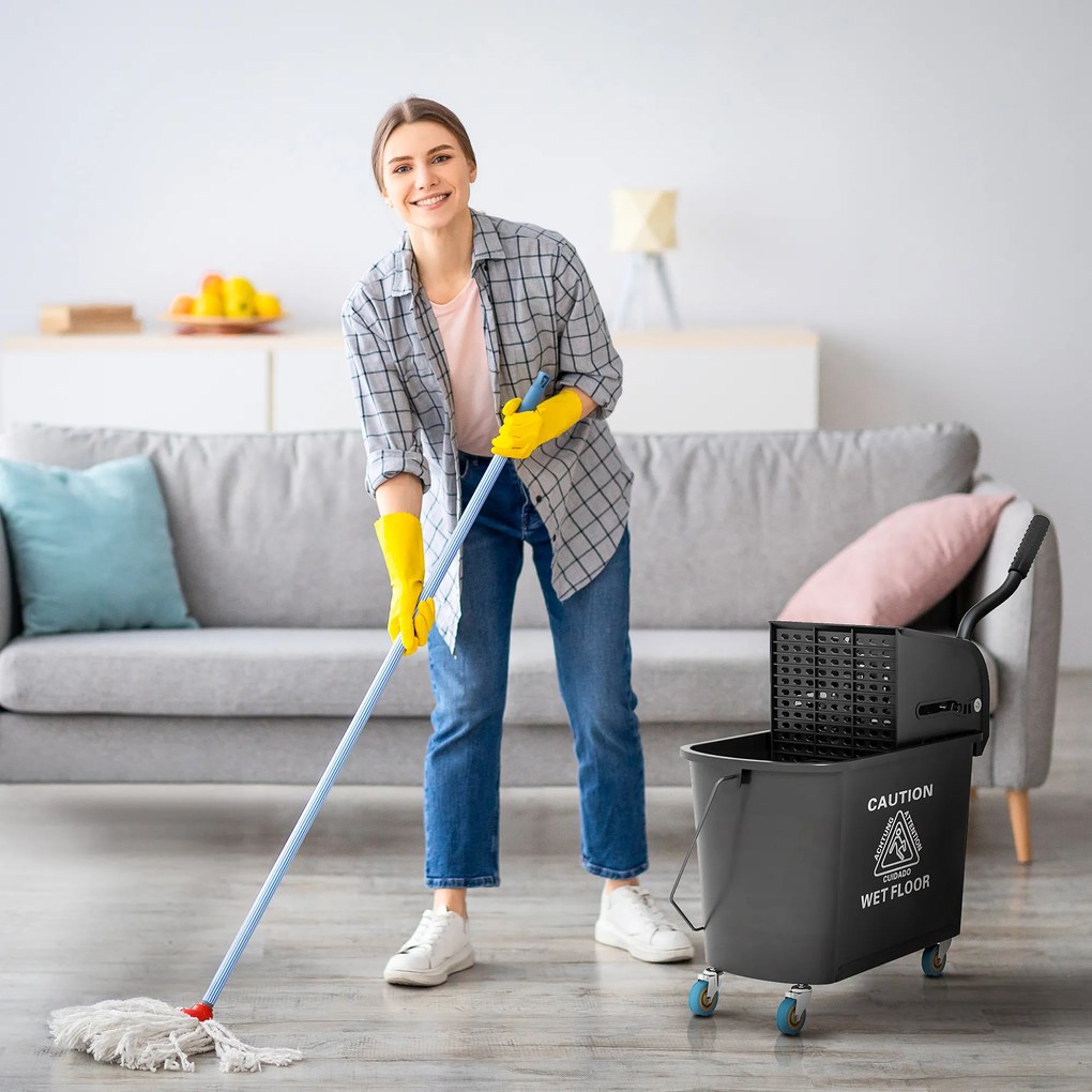 HOMCOM Úklidový vozík Úklidový kbelík 20 l vozík na mop s lisem 2 přihrádky Černá barva