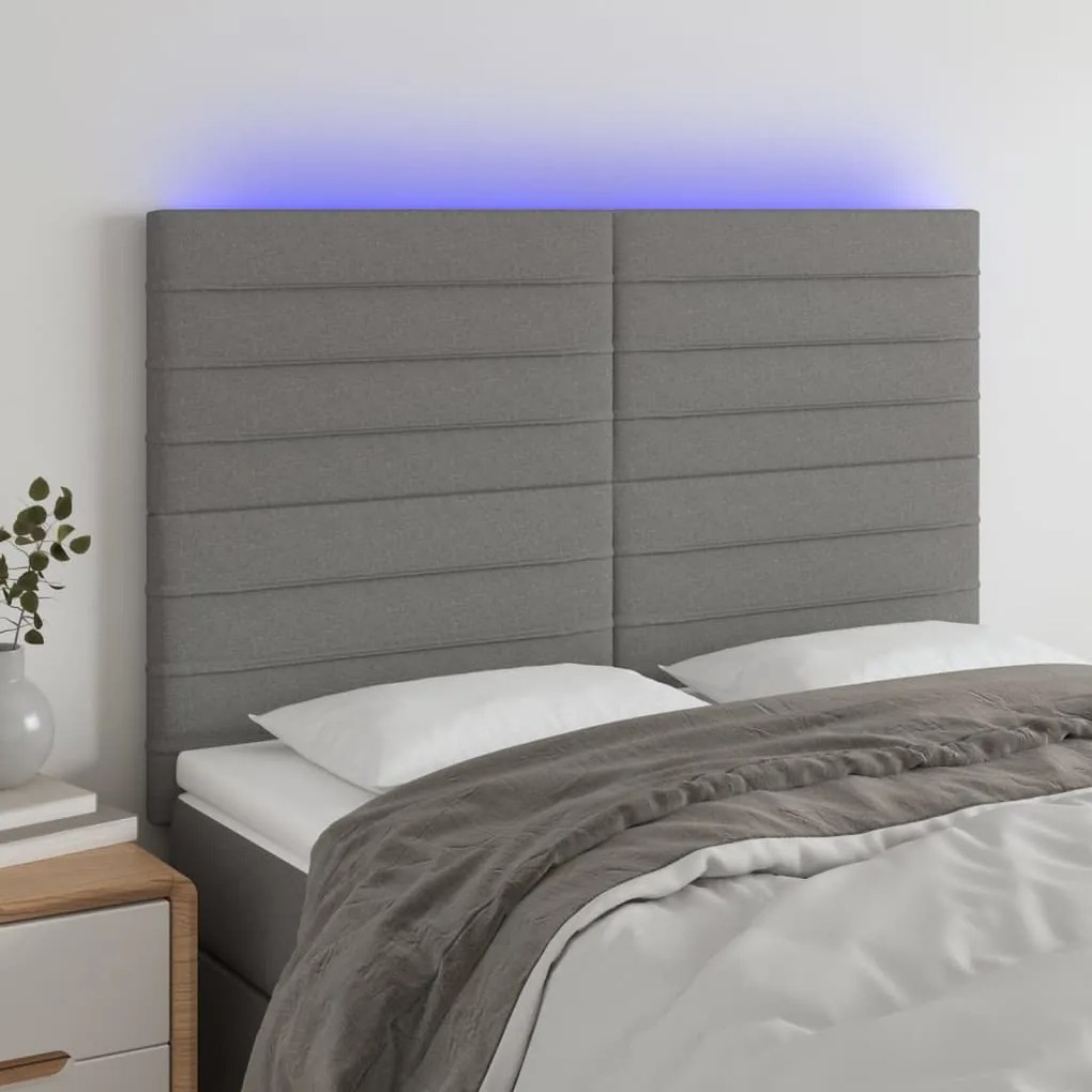 Čelo postele s LED tmavě šedé 144x5x118/128 cm textil 3122563