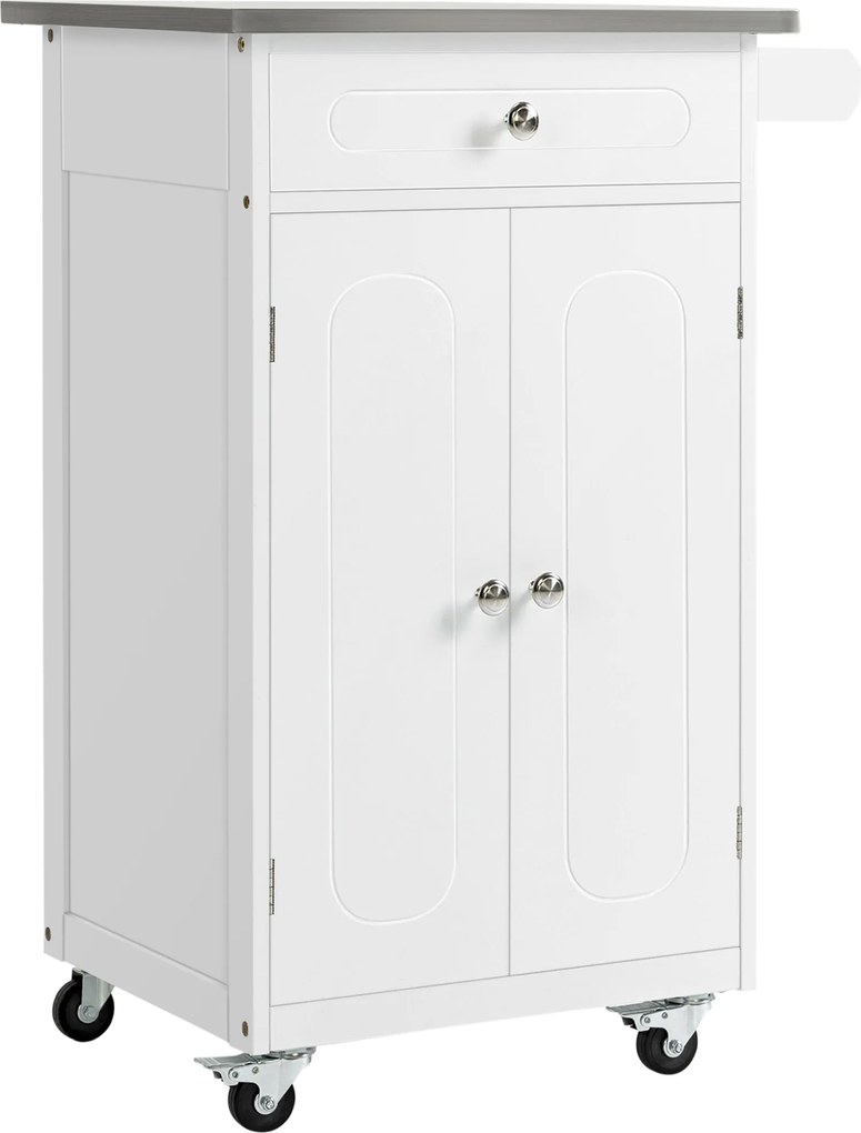 HOMCOM Bílý Kitchen Island Trolley z MDF a nerezové oceli s kolečky, víceúložný, 1 zásuvka, skříňka s 2 dveřmi a držákem na utěrku