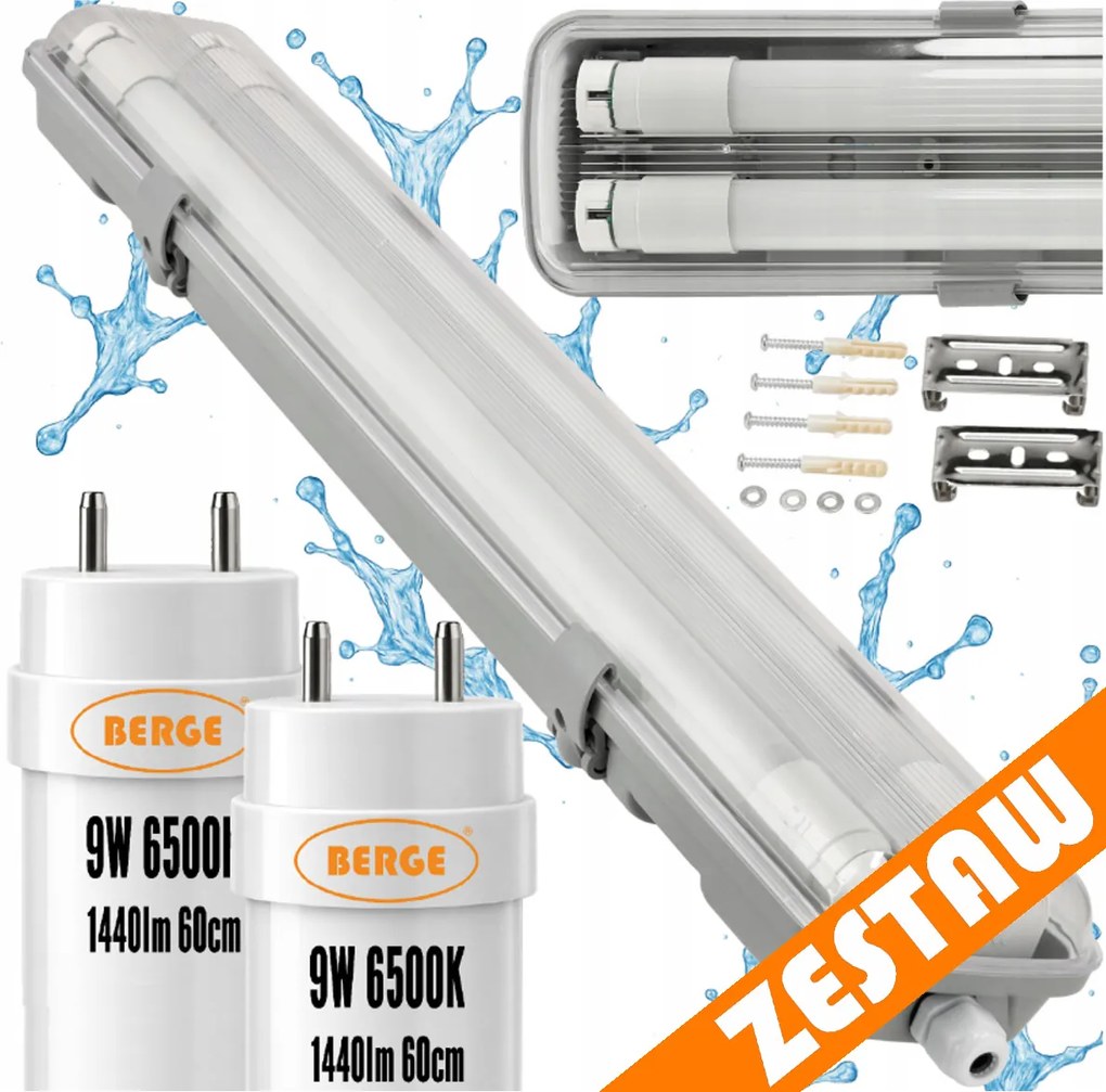 SADA Hermetická LED lampa 60cm 18W 2880lm 6500K + 2x trubice do garáže