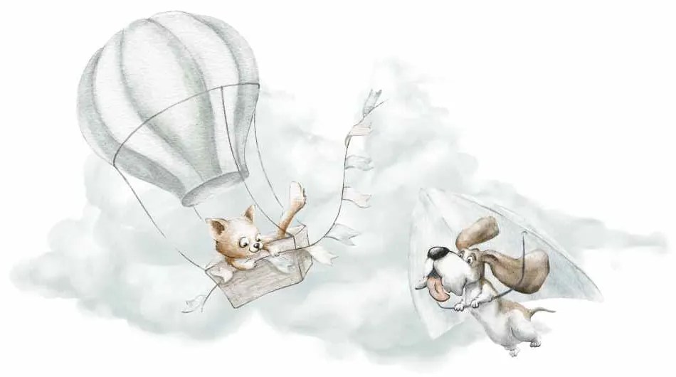 Gario Dětská nálepka na zeď Adventure in the sky - kočka v balónu a pejsek na rogalu Rozměry: 120 x 67 cm