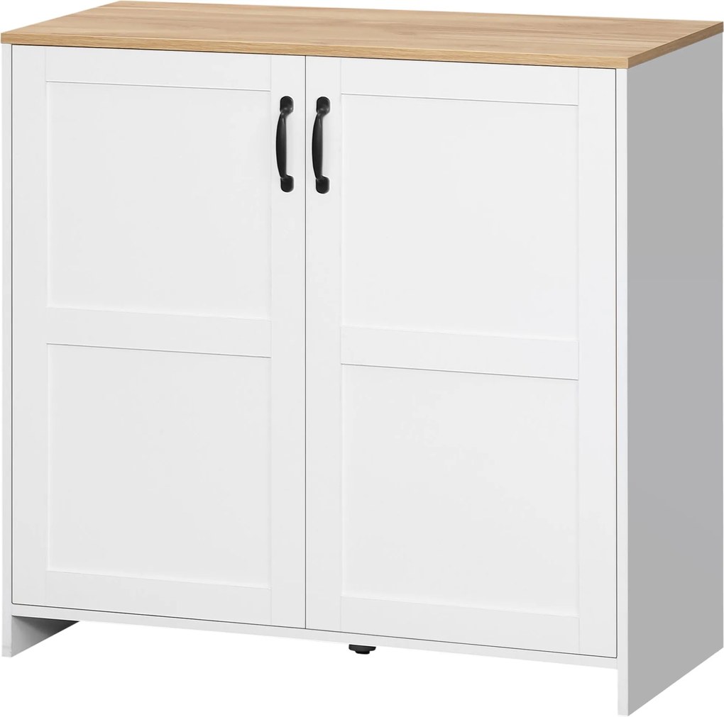 HOMCOM Kuchyňský Úložný Skříňový Kredenc s 2 Dveřmi a 2 Nastavitelnými Policemi - Bílý a Dřevo Vzhled - 90 x 39,5 x 88 cm | Aosom