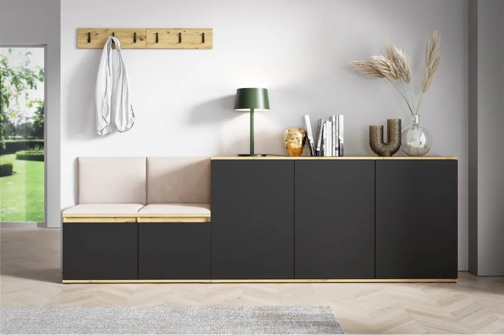 Eka Předsíňová stěna s čalouněnými panely Trinity 35 - Dub Artisan s černou / Tmavá krémová 2302