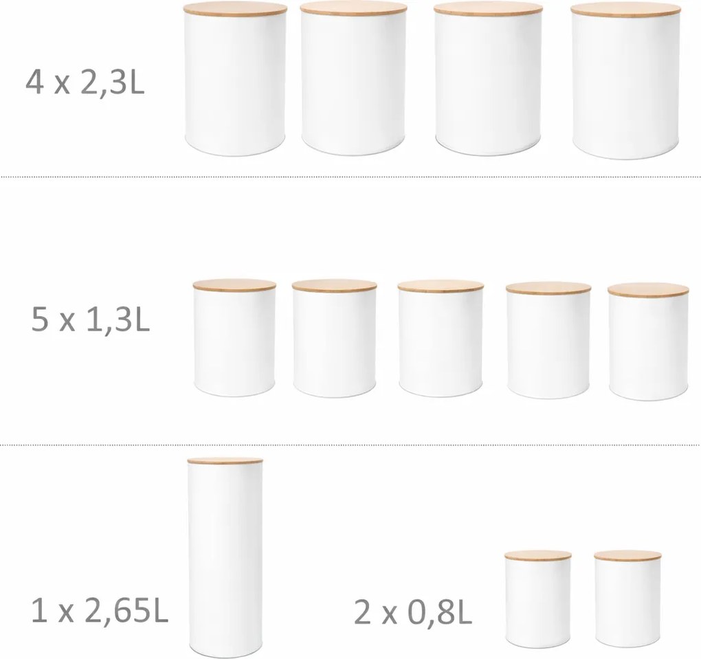Orion Sada 12ks plechových dóz na potraviny, bílé, s bambusovým víkem SADA