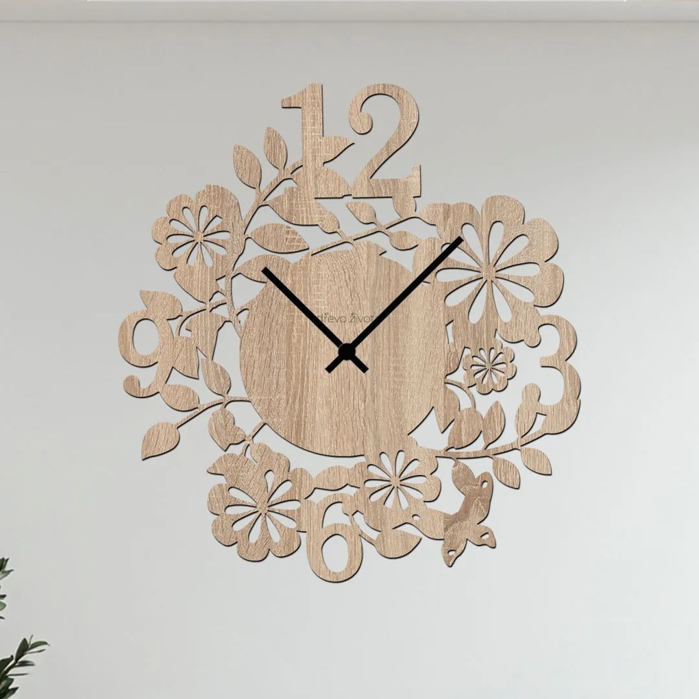 dřevo života Nástěnné hodiny FLOWERS Zvolte barvu dekoru: Černá, Zvolte velikost hodin (cm): 50x50, Barva ručiček: Zlaté