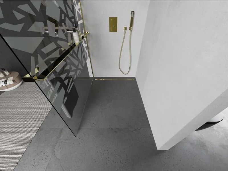 Mexen Kioto+ L, sprchová zástěna Walk-In s poličkou a věšákem 80 x 200 cm, 8mm čiré sklo bílý vzor, ​​zlatý lesklý profil, 800-080-123-50-85