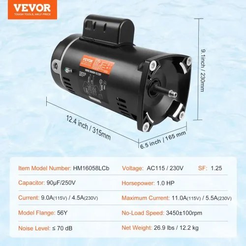 0,75 kW motor bazénového čerpadla 115/230 V 9/4,5 A 56Y 3450RPM 90μF/250 V