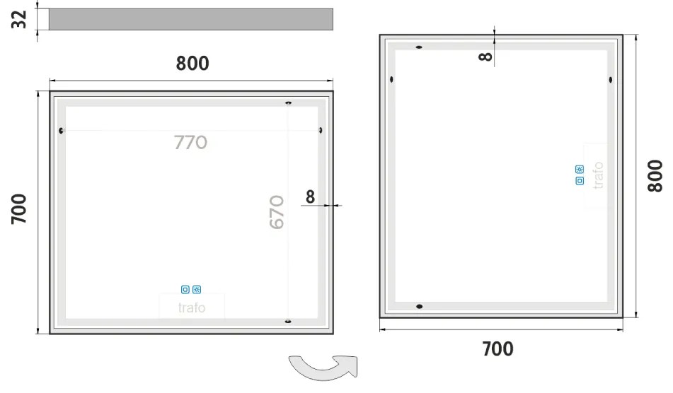 Nimco LED zrcadlo 800x700 se dvěma dotykovými senzory OBDELNÍKOVÁ - OSTRÉ ROHY - ZP 13003VX