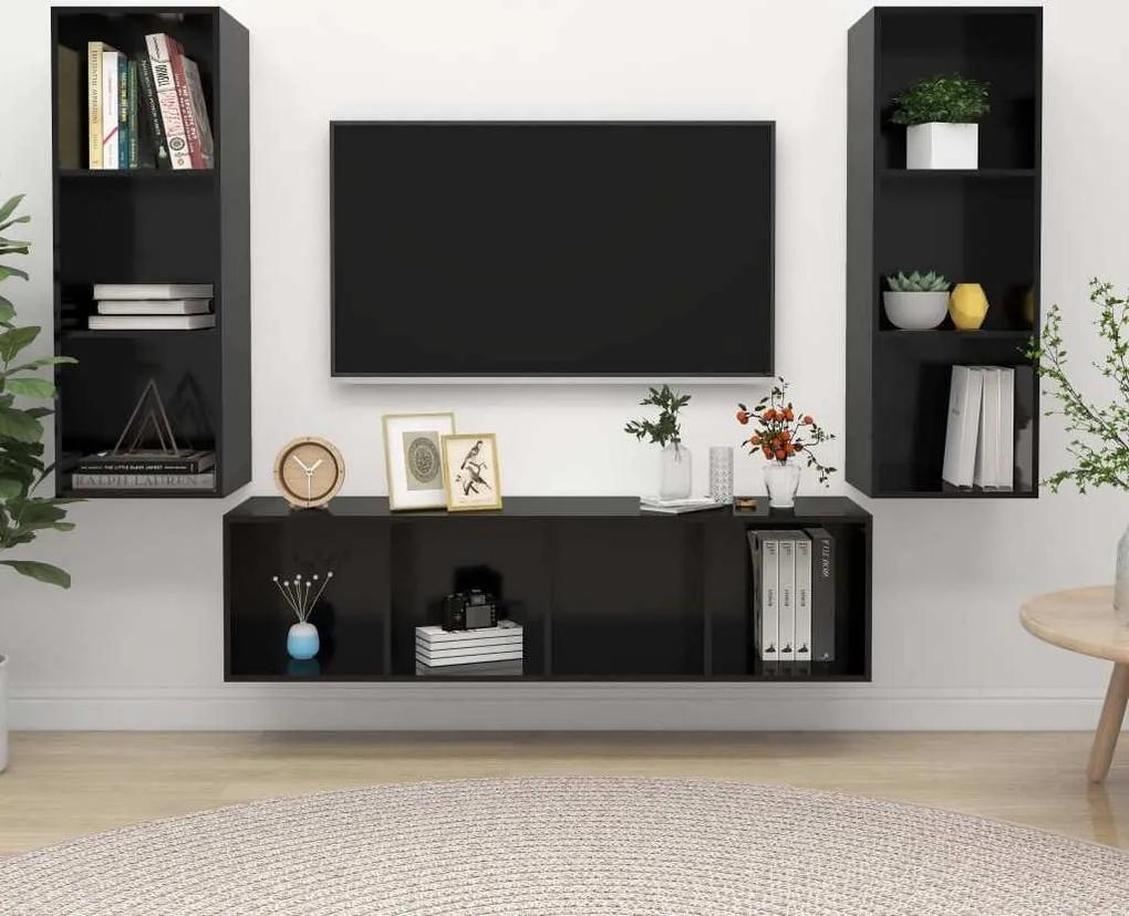 vidaXL 3dílný set TV skříněk dřevotříska [3079749] Barva: černá s vysokým leskem