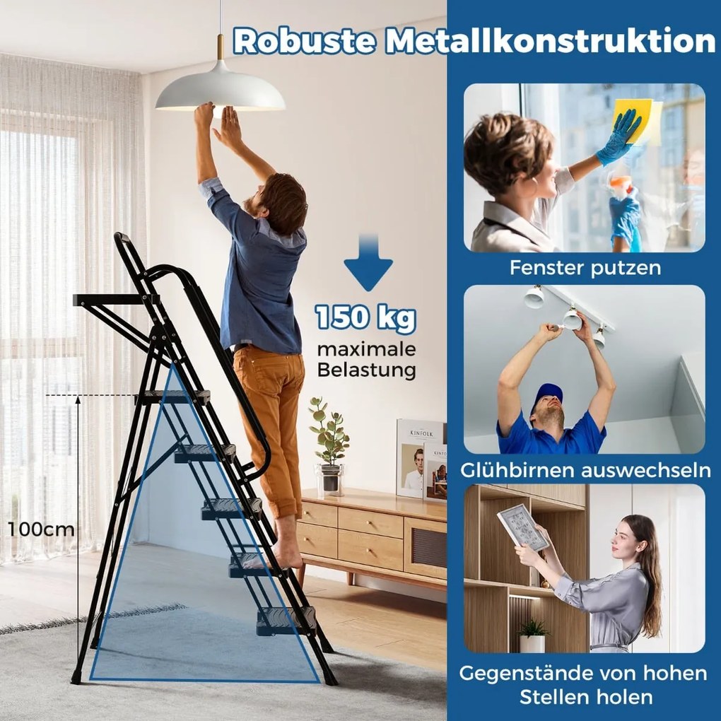 Costway 5 Žebřík s přihrádkou na nářadí. Skládací žebřík pojme až 150 kg.