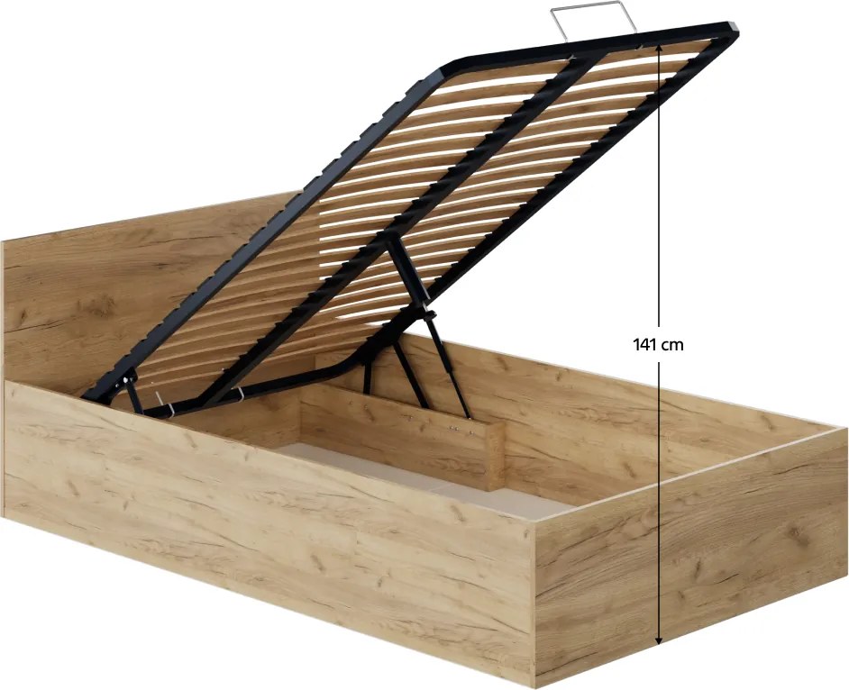 Postel s kovovým roštem a úložným prostorem, 120x200, dub artisan, DOLI