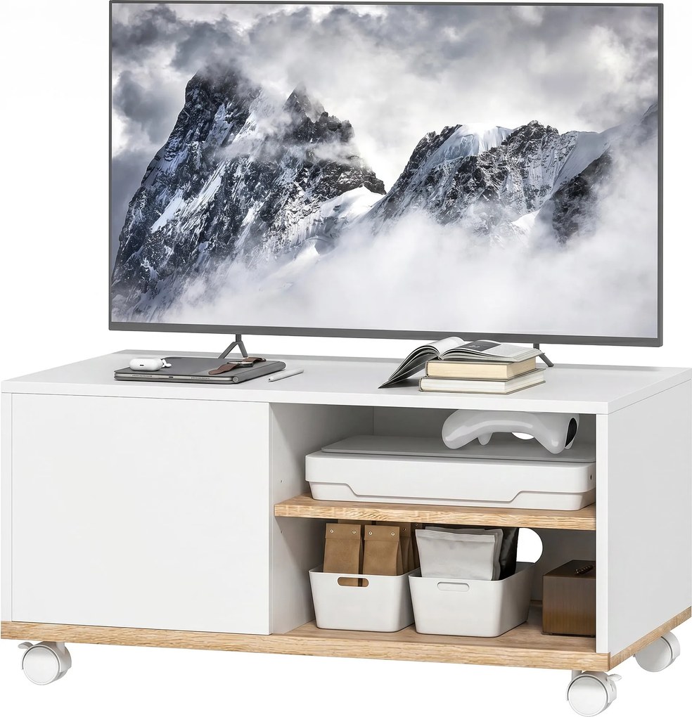 HOMCOM Rolling TV Stand with Cabinet, Cable Management & Adjustable Shelf, Fits TVs up to 32", White & Oak, 31.5 x 17.7 x 16.1 in | Aosom