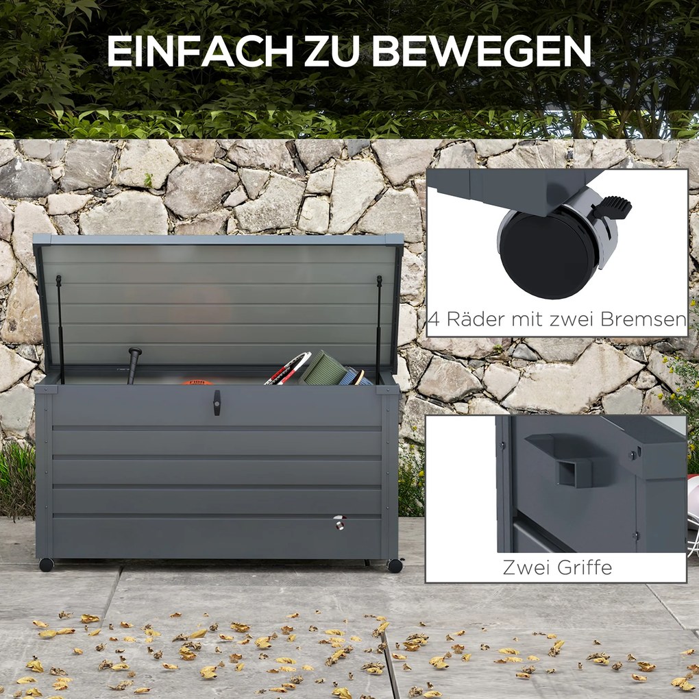 Outsunny Venkovní úložný box, zahradní box, box na polštáře, odolný proti povětrnostním vlivům, 4 kolečka, 100 x 62 x 65 cm, tmavě šedý