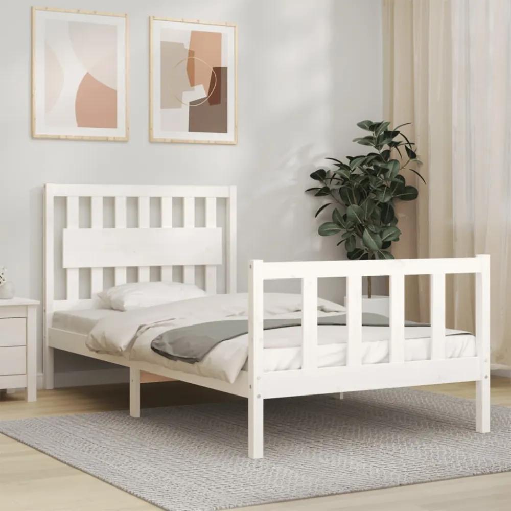 Rám postele s čelem bílý 100 x 200 cm masivní dřevo,  3192417