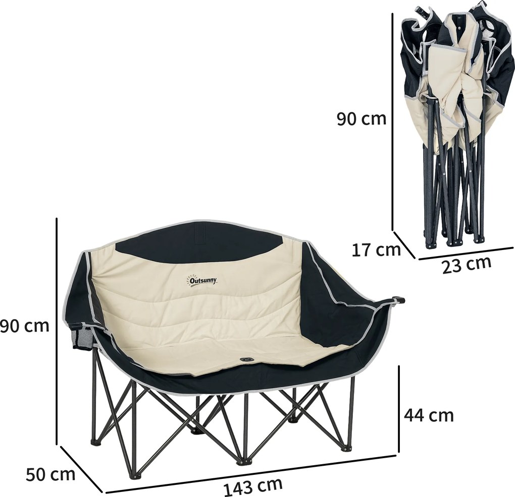 Outsunny Skládací židle skládací 2místná kempingová židle s držákem na kelímek Přepravní taška do 250 kg nosnosti Khaki