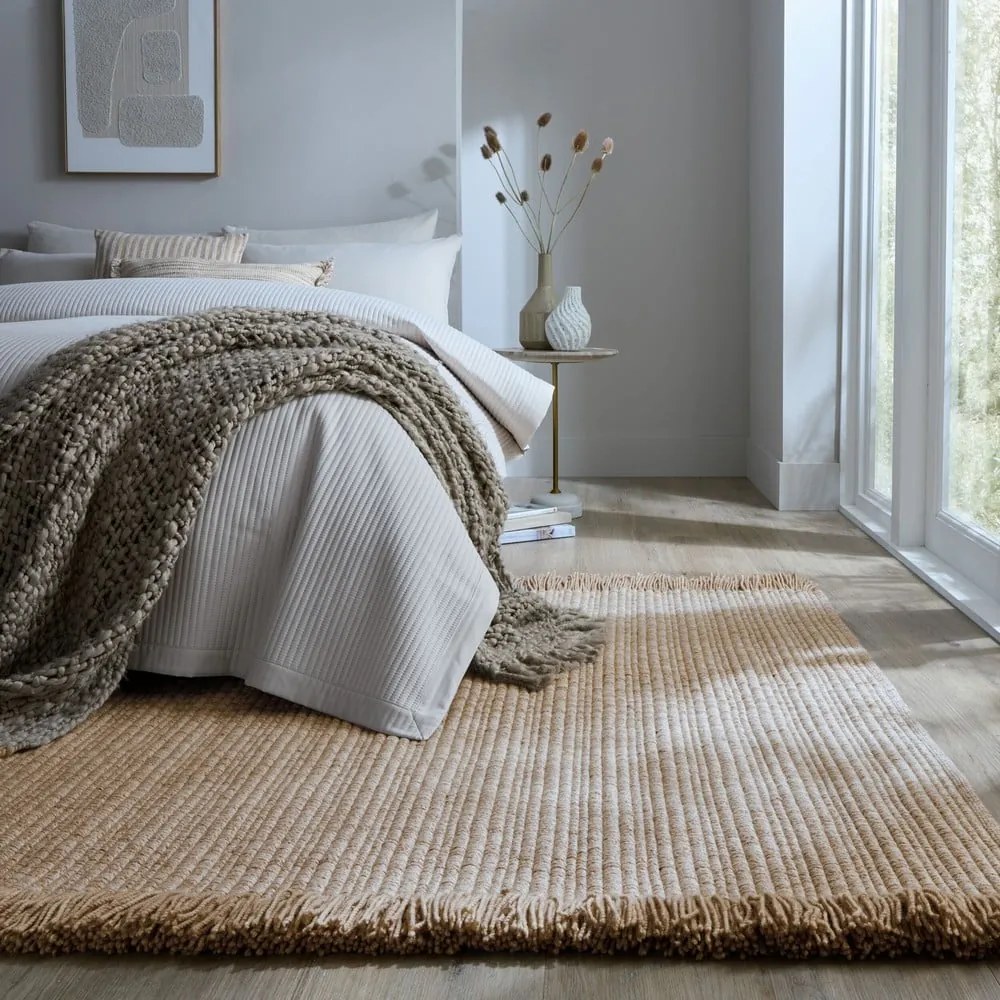 Béžový ručně tkaný koberec s příměsí vlny 200x290 cm Rene Fringed Ribbed – Flair Rugs