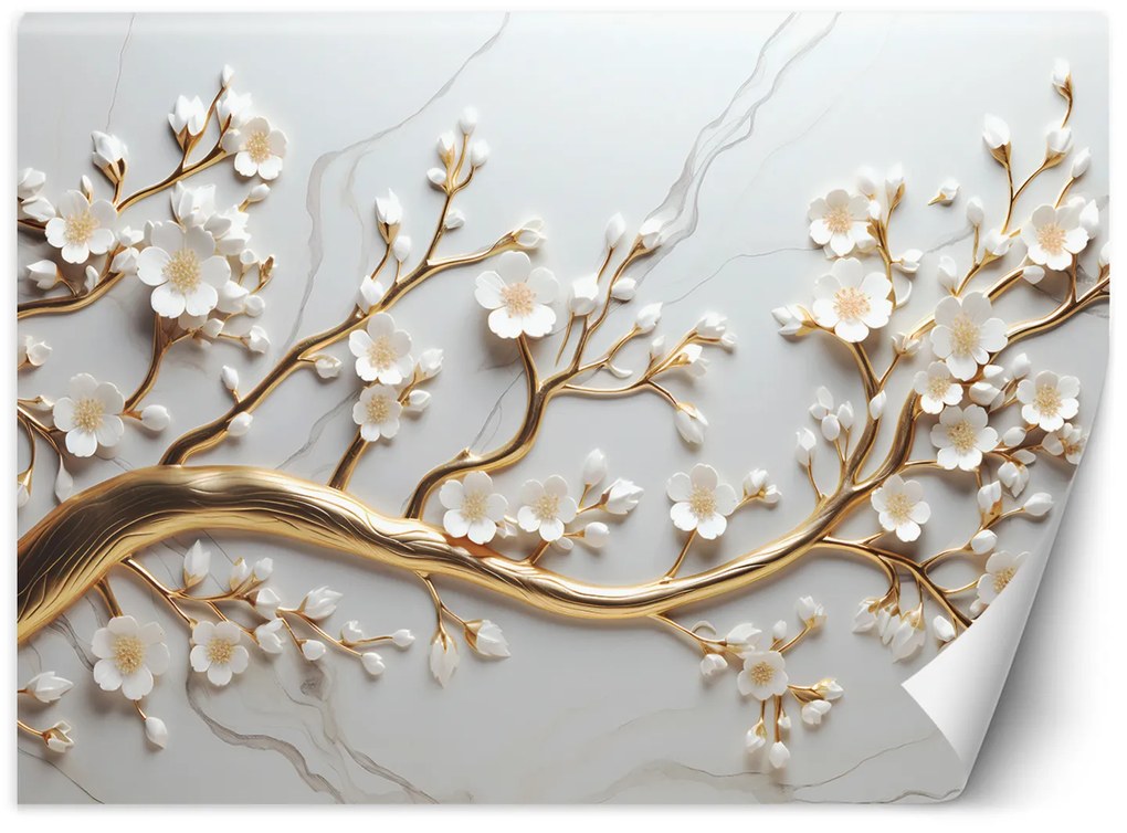 Gario Fototapeta Bílé květiny na zlaté větvi Materiál: Vliesová, Rozměry: 200 x 140 cm