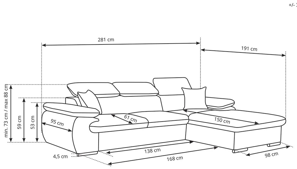 Sedací souprava COOL | 281x191 cm | rozkládací + úložný prostor | PRAVÁ | šedo modrá 24/30