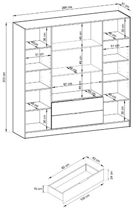 Šatní skříň Kelly 4D RD s policemi 206 cm dub artisan