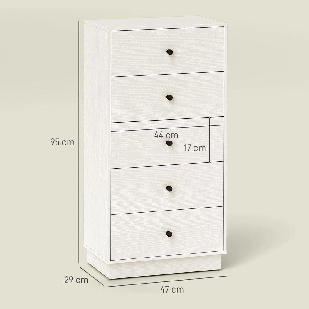 HOMCOM Úzká komoda se 5 zásuvkami do ložnice s vysokou skříní proti převrhnutí pro obývací pokoj či chodbu 47x29x95 cm Bílá