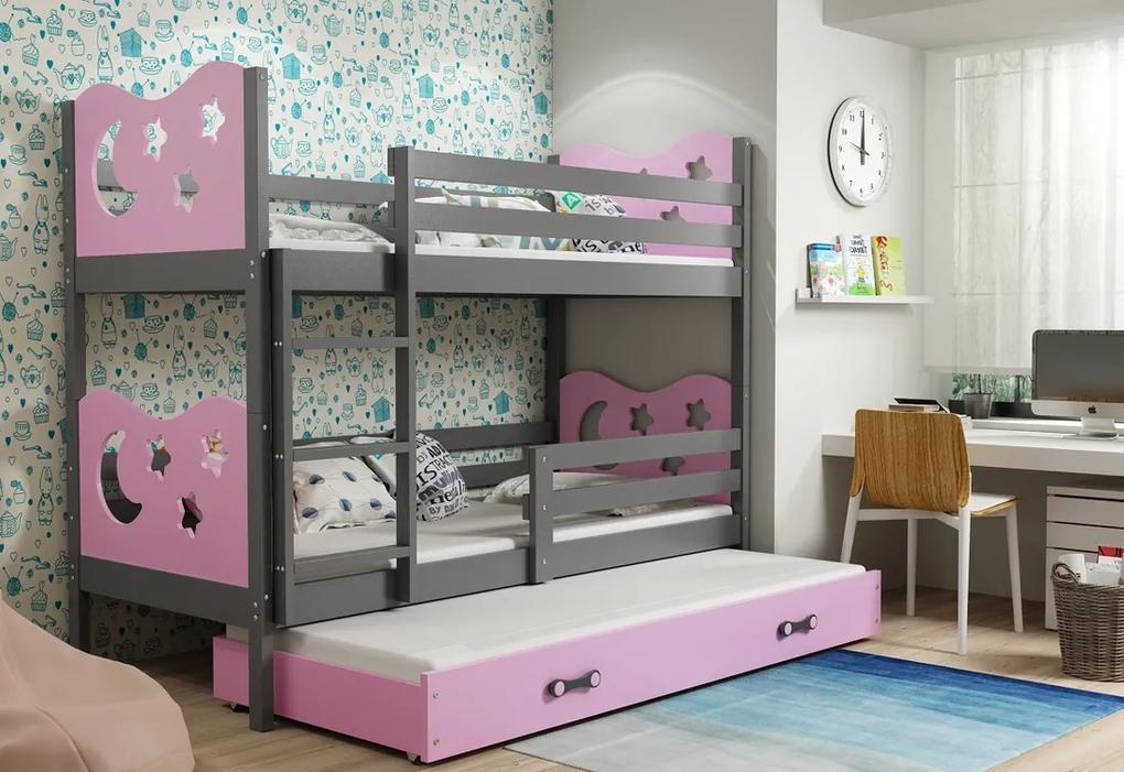 Patrová postel KAMIL 3 + matrace + rošt ZDARMA, 90x200, grafit, růžová