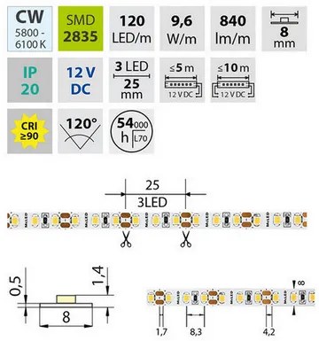 LED pásek McLED 12V studená bílá CRI90 š=8mm IP20 9,6W/m 120LED/m SMD2835 ML-121.838.60.2