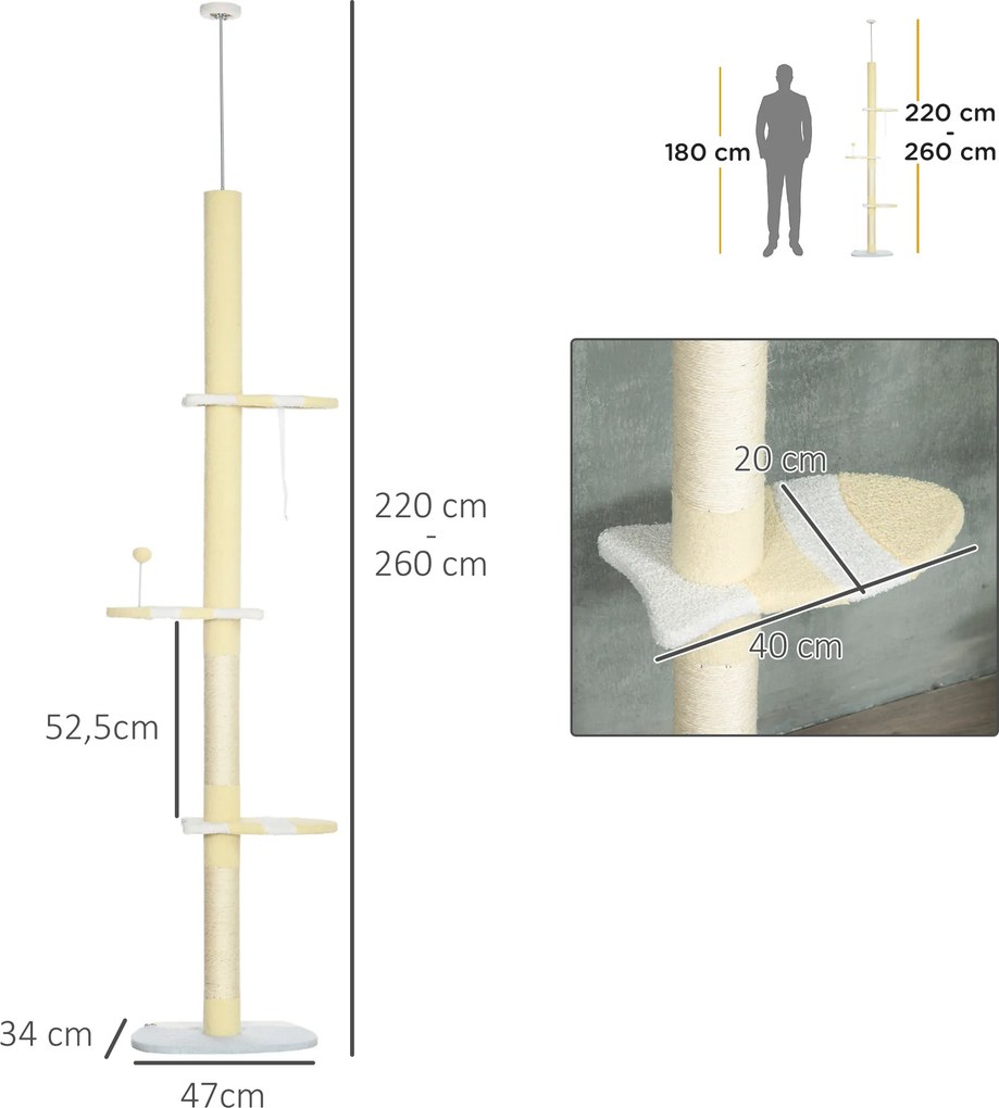 PawHut škrabadlo, kočičí škrabadlo stropní vysoké, 220-260 cm, šplhací strom s míčem na hraní, výškově nastavitelný kočičí strom, strom na hraní s oc…