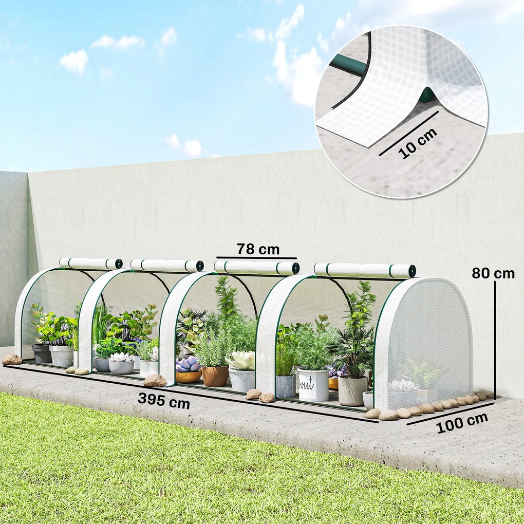 Outsunny tunelový foliovník se zip dveřmi, ocelový rám — 395 × 100 × 80 cm pro rajčata a zeleninu (bílý)