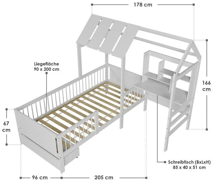 Bílá dětská postel domeček s úložným prostorem a stolem