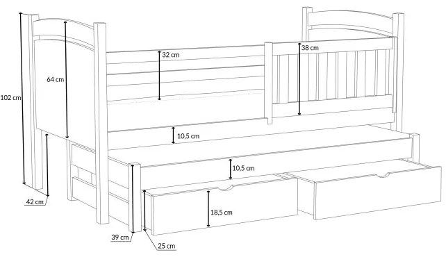 Dětská postel z masivu borovice SABINA s přistýlkou a šuplíky - 200x90 cm - BÍLÁ