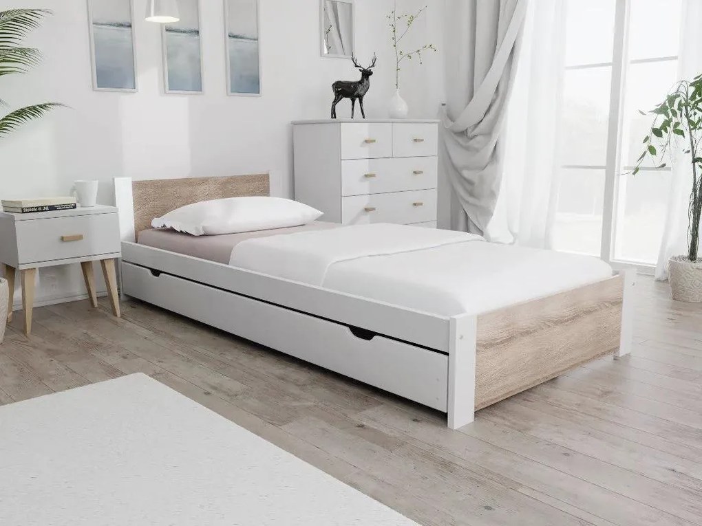 Postel IKAROS 80 x 200 cm, bílá/dub sonoma Matrace: Matrace Coco Maxi 20 cm, Rošt: S laťkovým roštem
