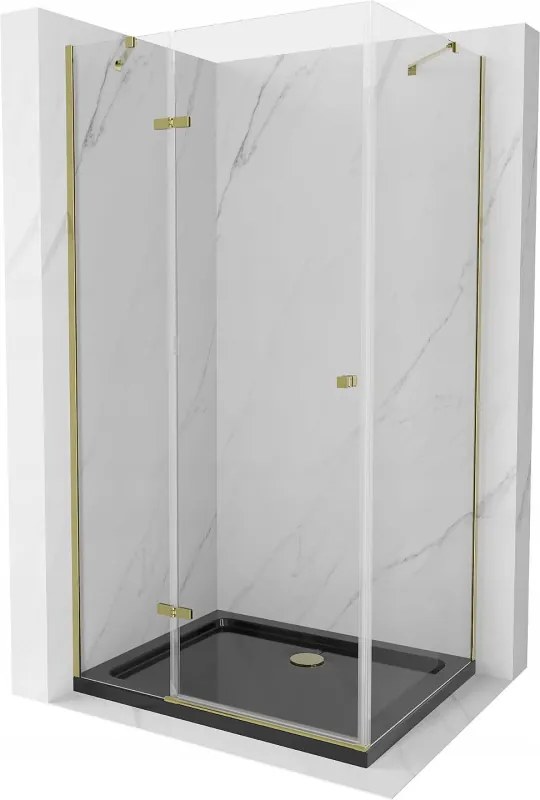 Mexen Roma, sprchový kout s 1-křídlými dveřmi 120 (dveře) x 80 (stěna) cm, 6mm čiré sklo, zlatý profil, slim sprchová vanička 5cm černá, 854-120-080-50-00-4070G