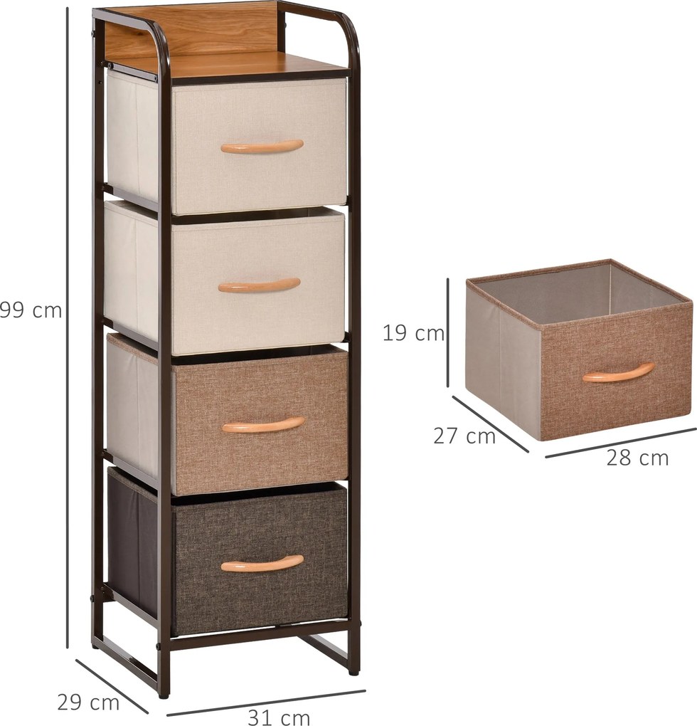 HOMCOM Textilní Komoda do Ložnice se 4 Skládacími Zásuvkami, Dřevěným Víkem a Kovovým Rámem pro Obývací Pokoj 31x29x99 cm, Vícebarevná