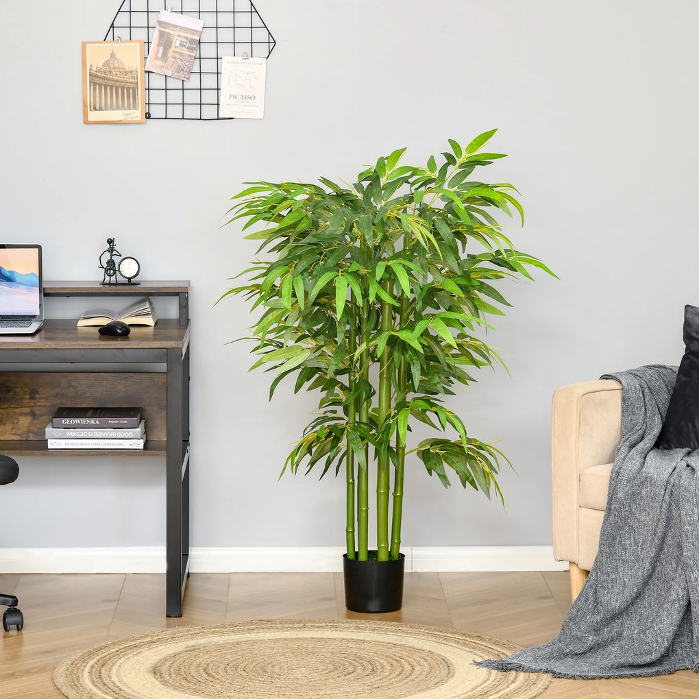Umělý bambusový strom HOMCOM, 140 cm, umělá rostlina, plastové falešné rostliny v květináči, umělý bambus s 780 listy jako skutečný pro obývací pokoj…