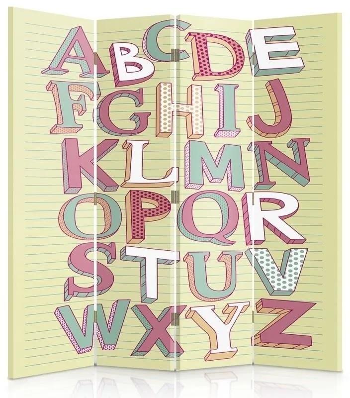Ozdobný paraván Barevná písmena abecedy - 145x170 cm, čtyřdílný, klasický paraván