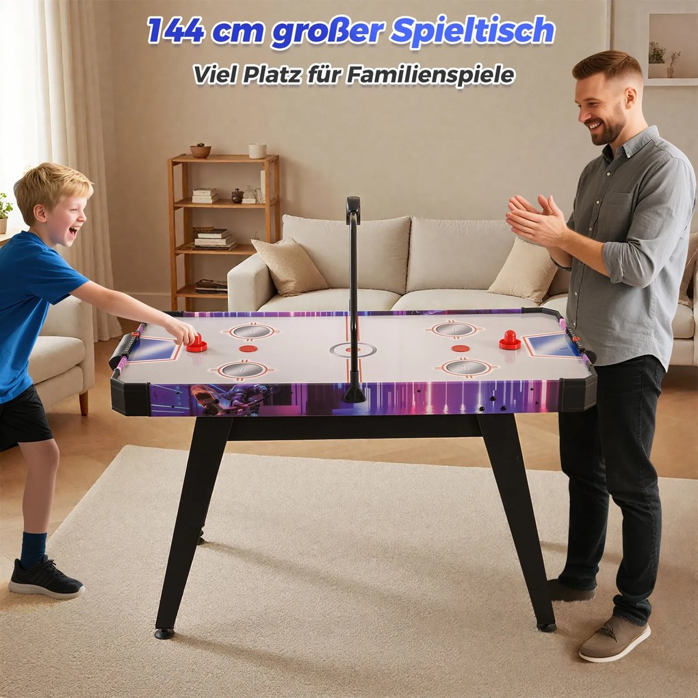 Costway 144 cm air hockey arkádový stolek air hockey s výkonným 12 V motorem