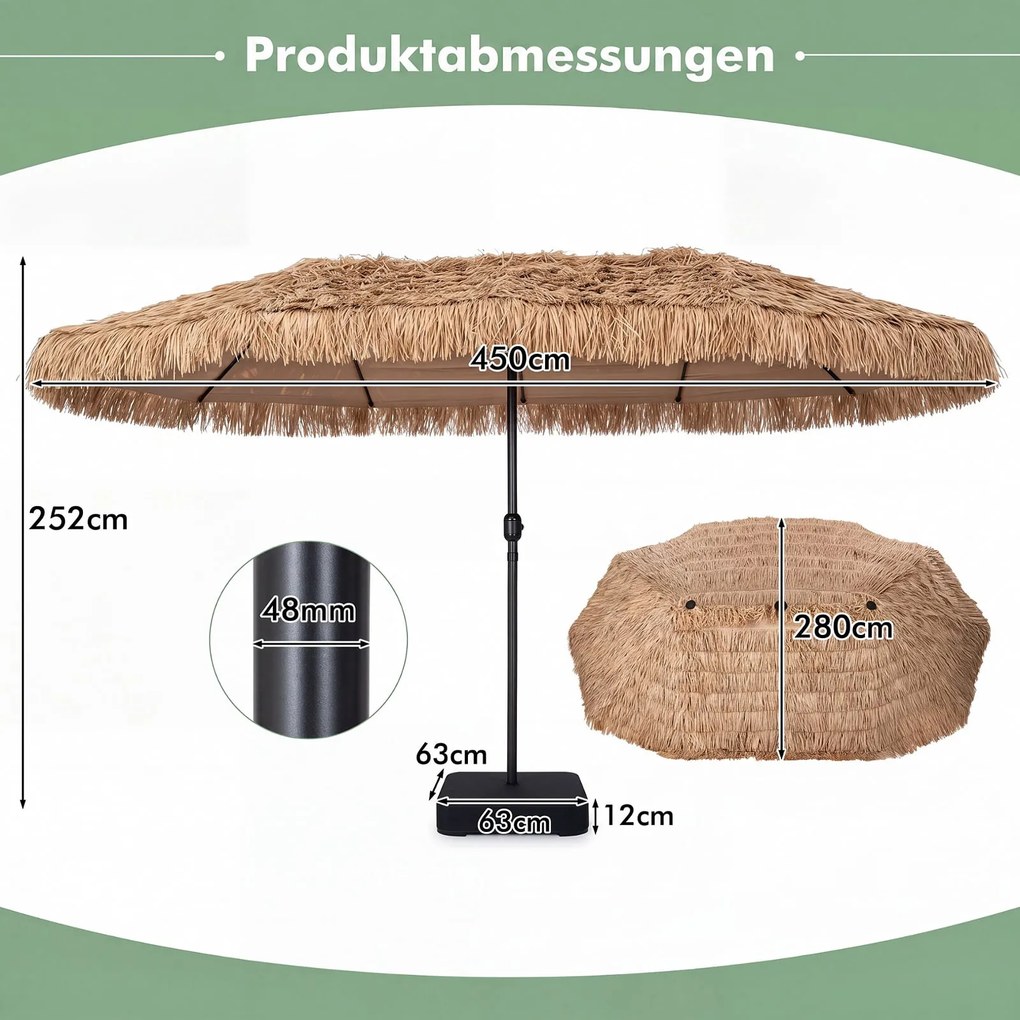 Costway 450 cm Havajský slunečník se stojanem na s klikou a 12 kovovými vzpěrami
