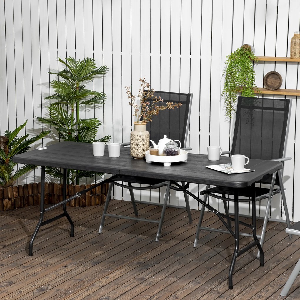 Outsunny skládací zahradní stůl pro 6 osob, bufetový stůl s ocelovým rámem, terasový stůl vzhled dřeva 180 x 75,5 x 73 cm, tmavě šedý