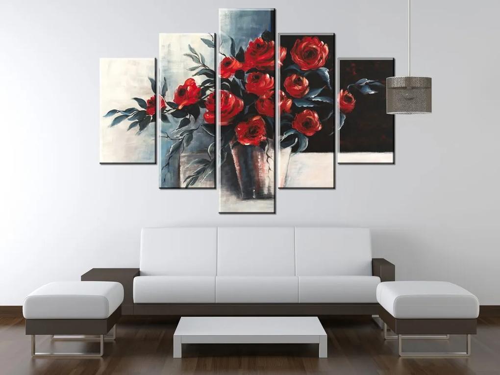 Gario Ručně malovaný obraz Růže ve váze - 5 dílný Rozměry: 150 x 105 cm