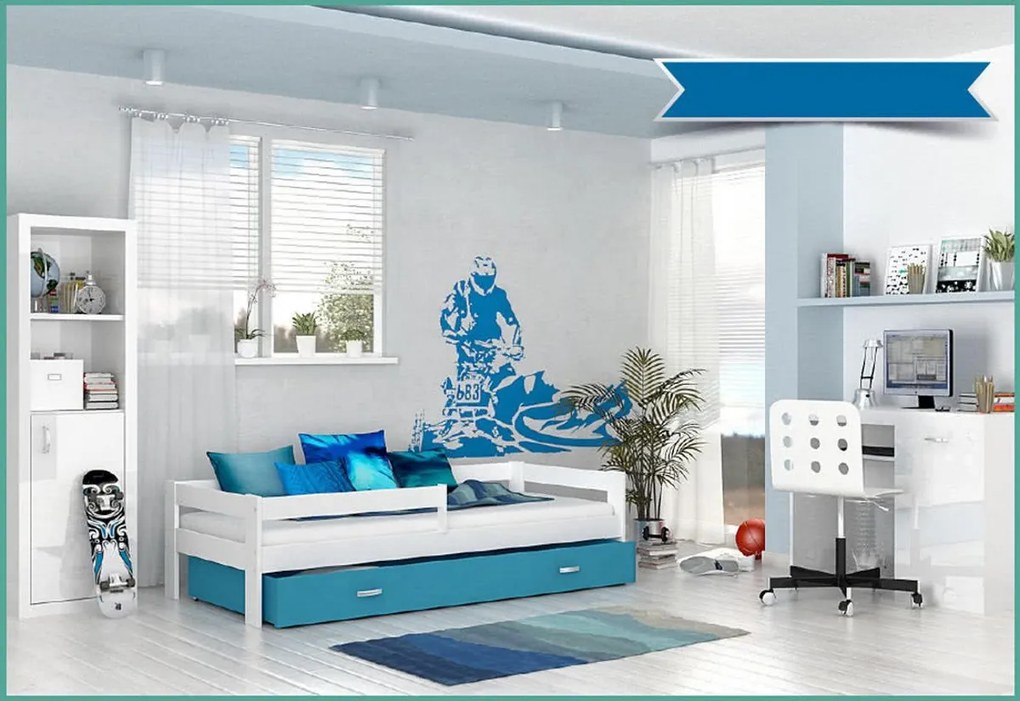Expedo Dětská postel HARRY P1 COLOR s barevnou zásuvkou + matrace, 80x160, bílý/modrý