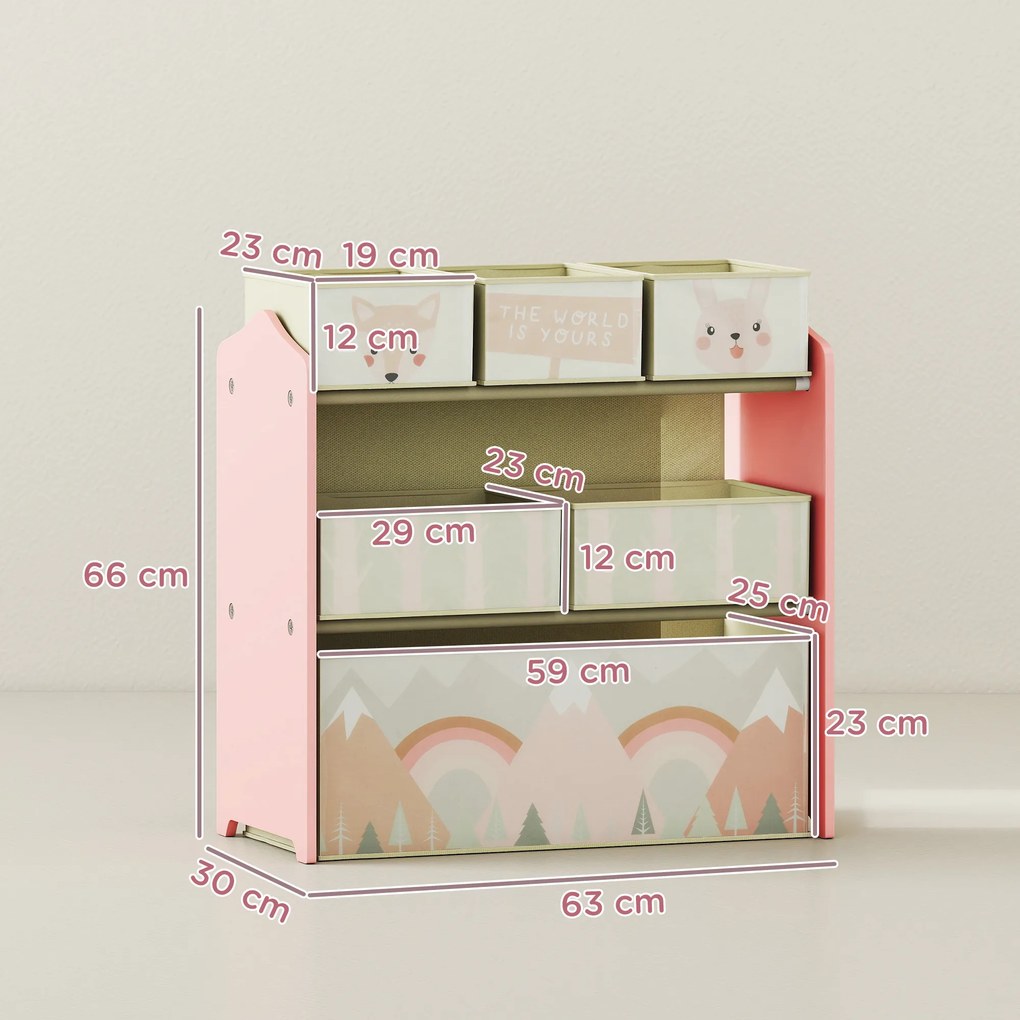 ZONEKIZ Dětská šatní skříň se 6 látkovými boxy, roztomilý motiv, 63x30x66 cm, růžová barva
